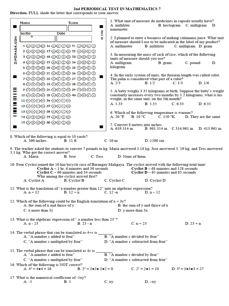 2nd Periodical Test-Quarter 2 Math 7-2023-2024 | PDF | Kilogram | Quantity