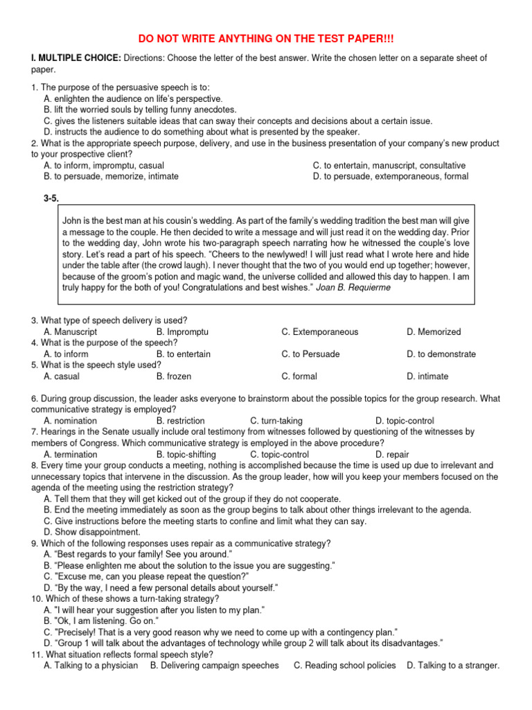 Do Not Write Anything On The Test Paper | PDF | Human Communication