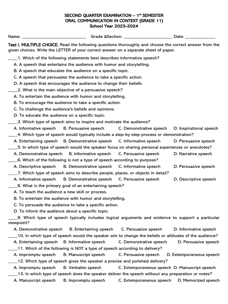 FINAL - SECOND QUARTER EXAMINATION - Oral Comm | PDF | Persuasion ...