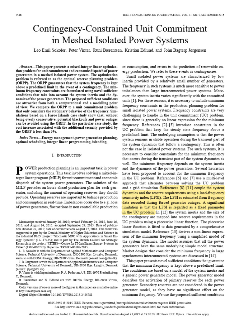Contingency Constrained Unit Commitment In Meshed Isolated Power