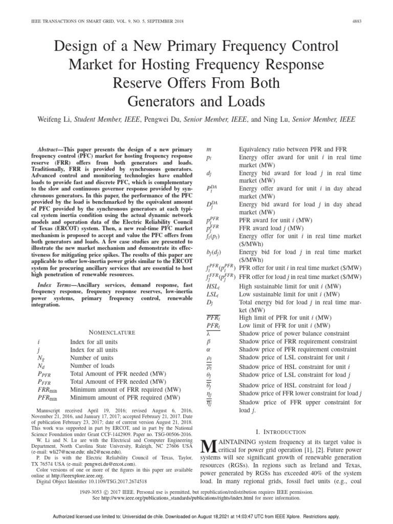 Design of A New Primary Frequency Control Market For Hosting Frequency Response Reserve Offers ...