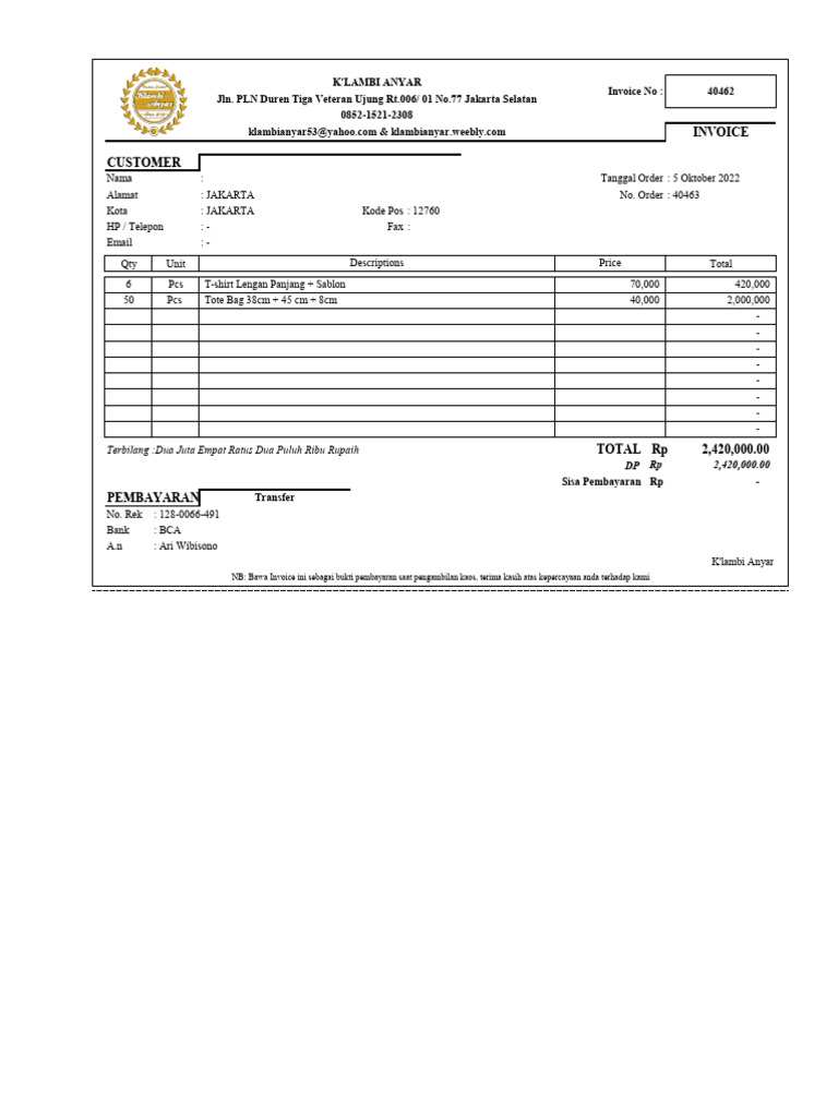 Invoice Tshirt Dan Tote Bag Om Endrew | PDF