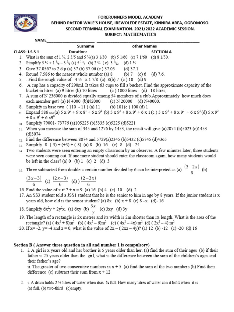 Exam 2. 2ND TERM J1 MATHEMATICS | PDF | Mathematics | Arithmetic