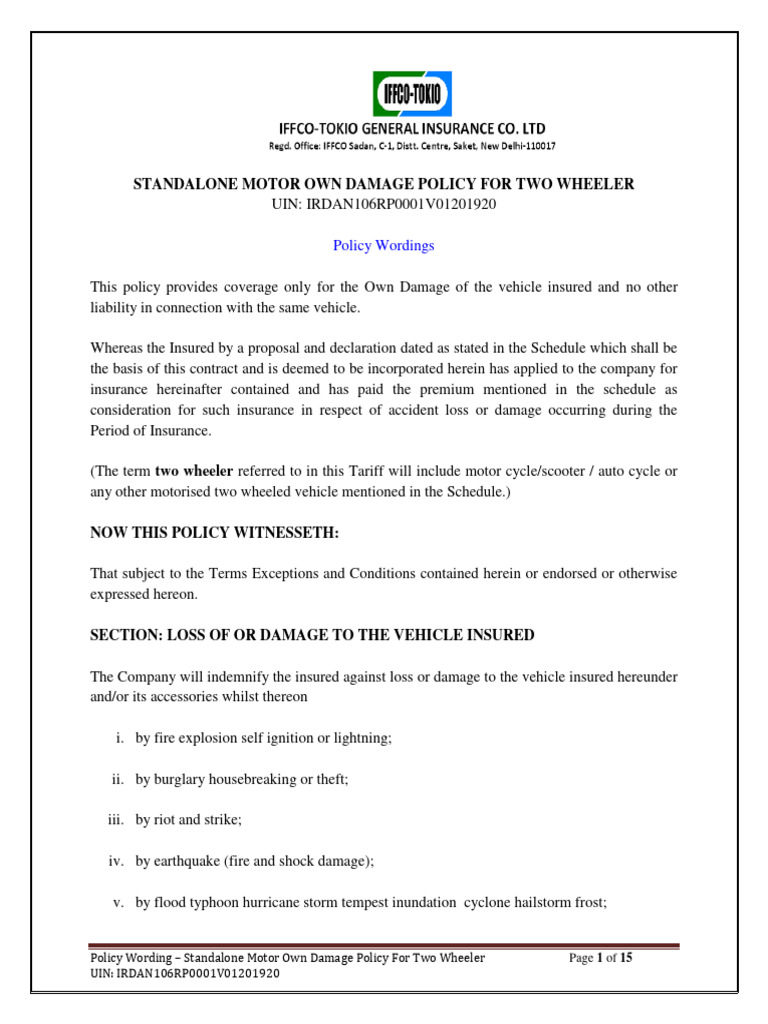 Standalone Motor Own Damage Policy For Two Wheeler | PDF | Insurance ...