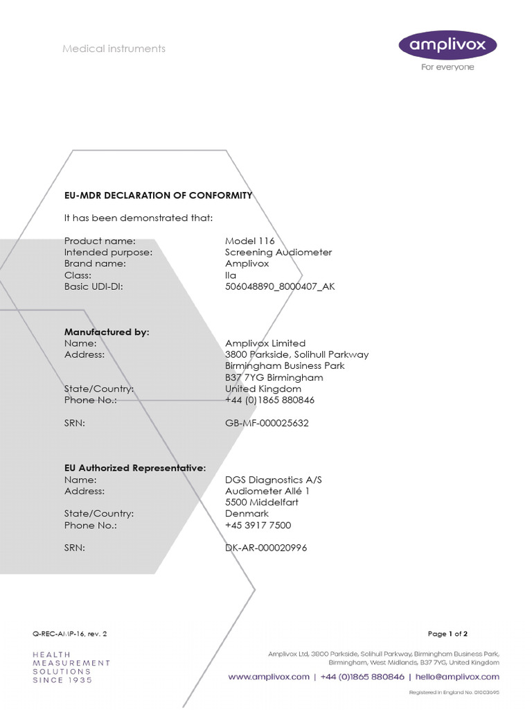 Model 116 Eu Declaration of Conformity July2022 | PDF | Medical Device ...