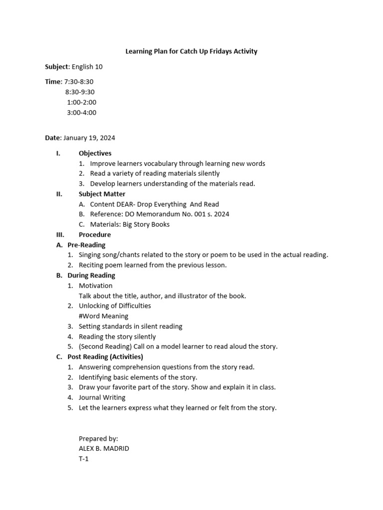 Learning Plan For Catch Up Fridays Activity | PDF