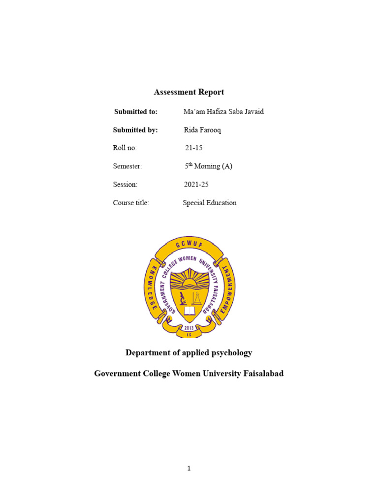 Assessment Report | PDF | Individualized Education Program | Caregiver