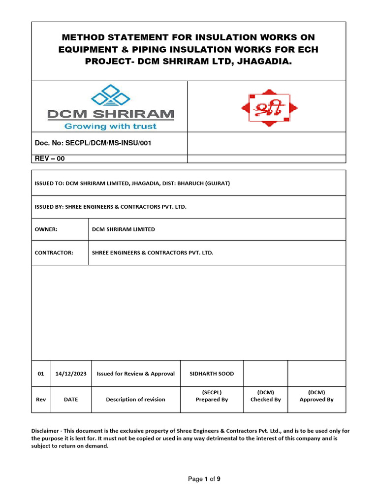 Method Statement - DCM - Jhagadiya - 001 | PDF | Thermal Insulation | Pipe (Fluid Conveyance)