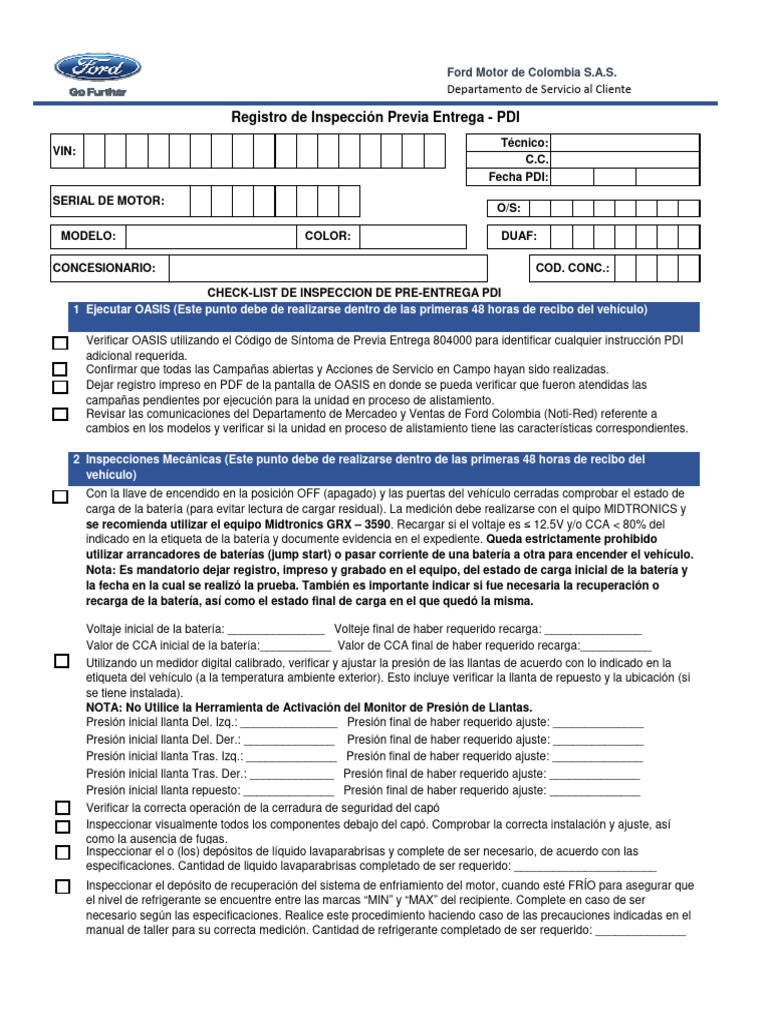 Formato de Inspección Previa Entrega PDI | PDF | Vehículos | Vehículo ...
