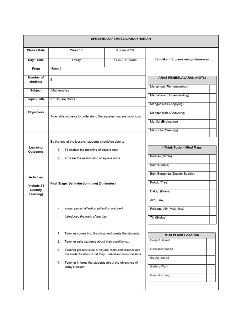 Form 1 Math: Square Roots Lesson | PDF | Learning | Constructivism (Philosophy Of Education)