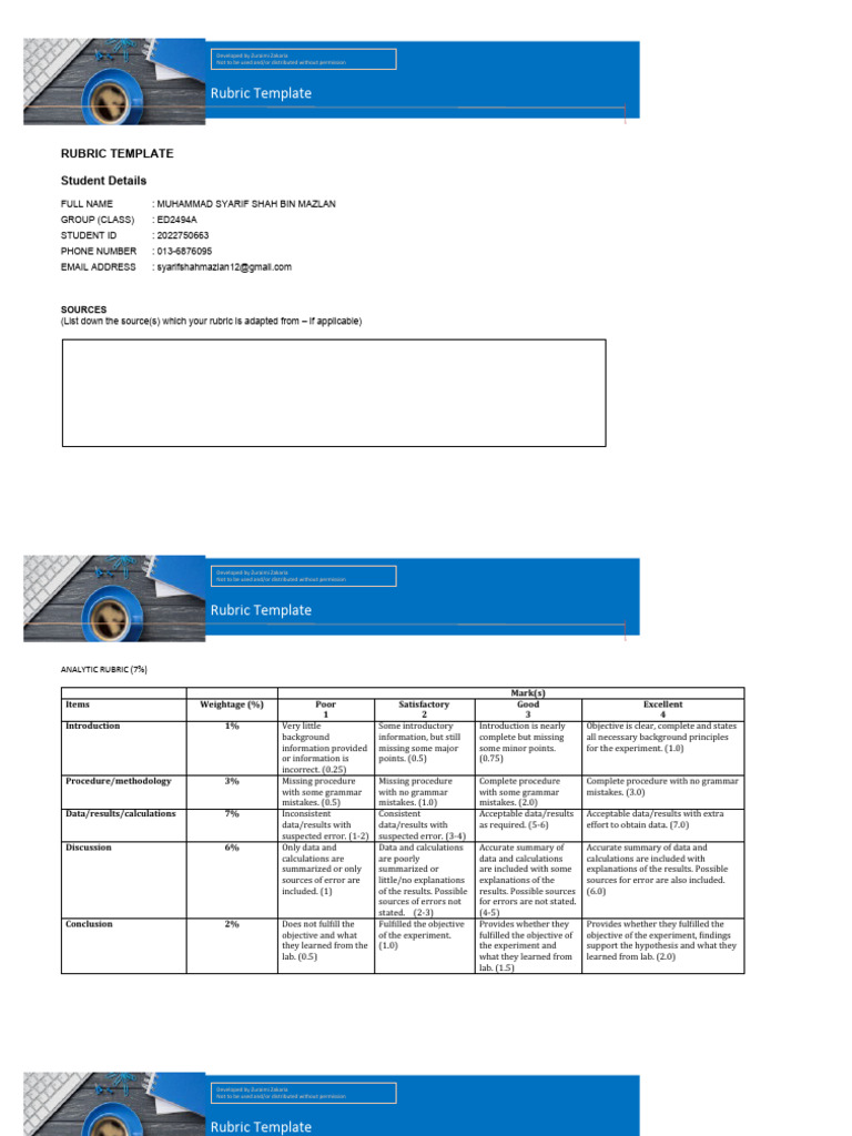 Student Lab Report Rubric Template | PDF | Experiment | Rubric (Academic)