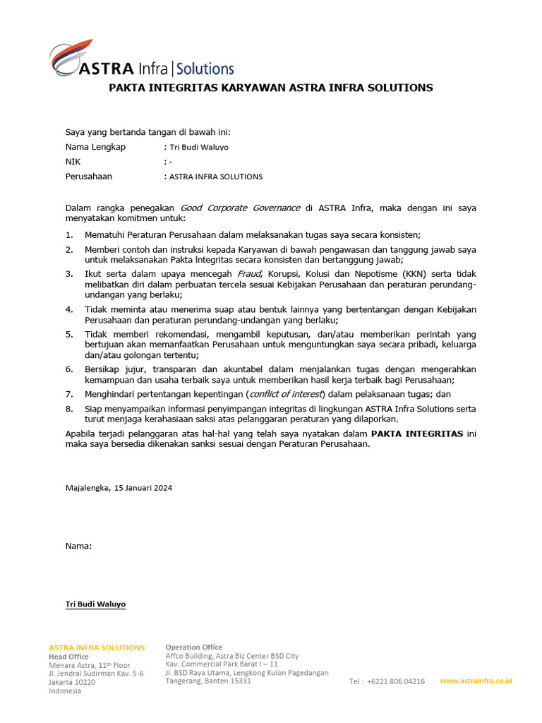 Pakta Integritas Ber Kop Surat - Send | PDF