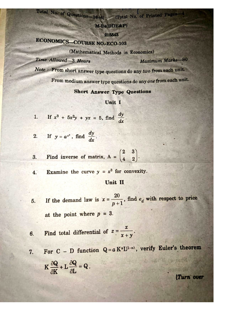Mathematical Economics Old Question Paper | PDF