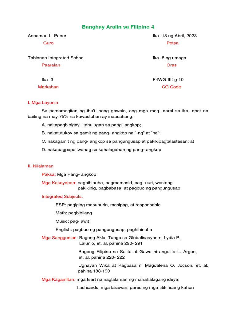 Banghay Aralin Sa Filipino 4 | PDF