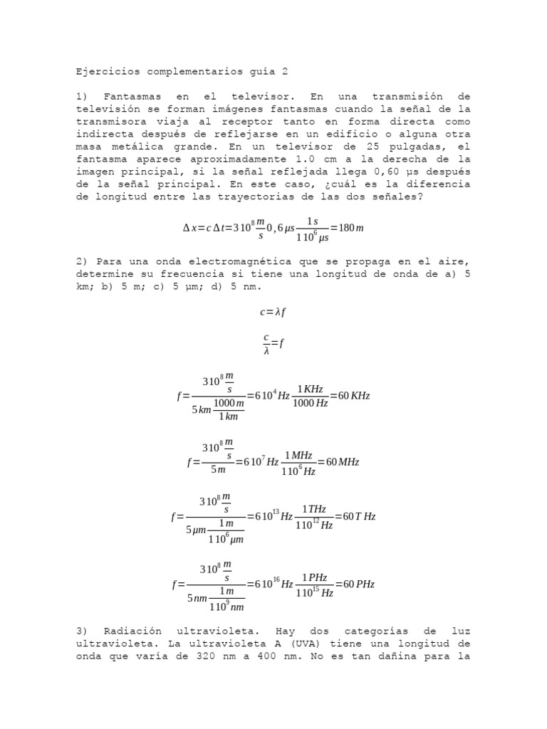Ejercicios Complementarios Guia 2 | PDF | Radiación electromagnética | Frecuencia