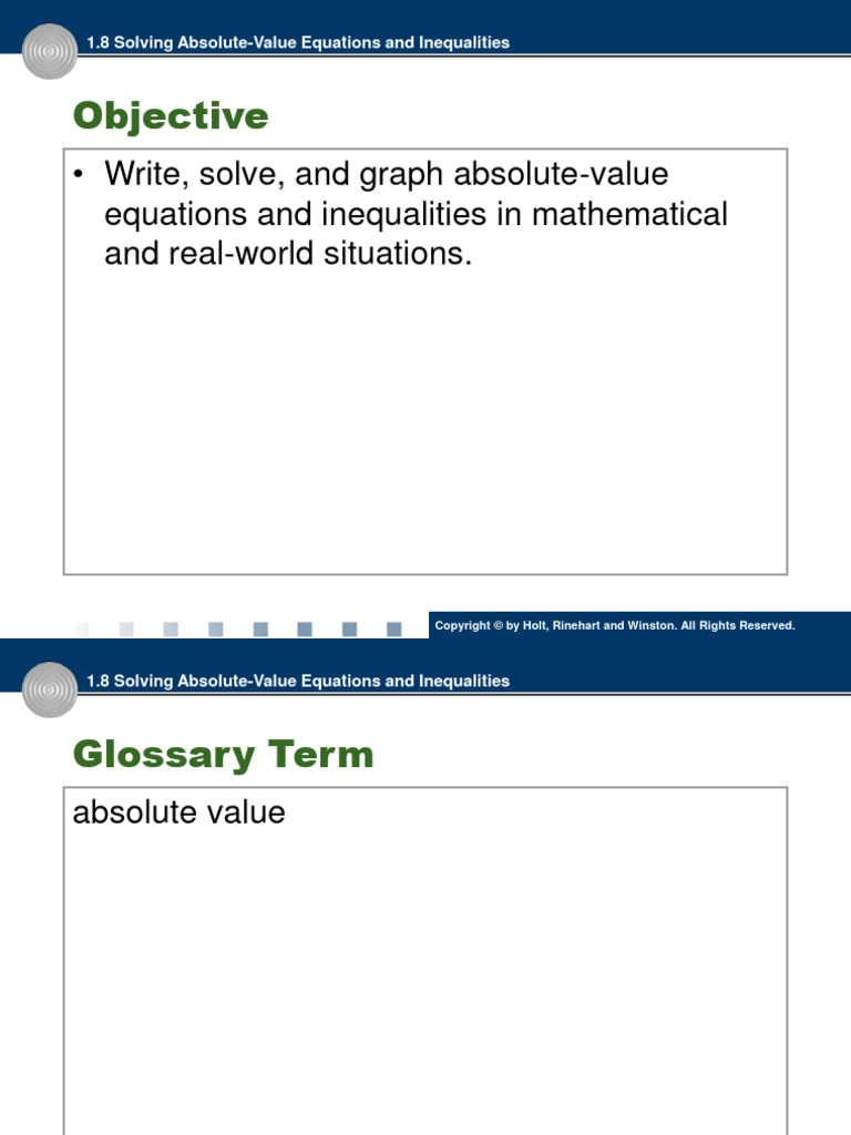 Objective: - Write, Solve, and Graph Absolute-Value Equations and Inequalities in Mathematical ...