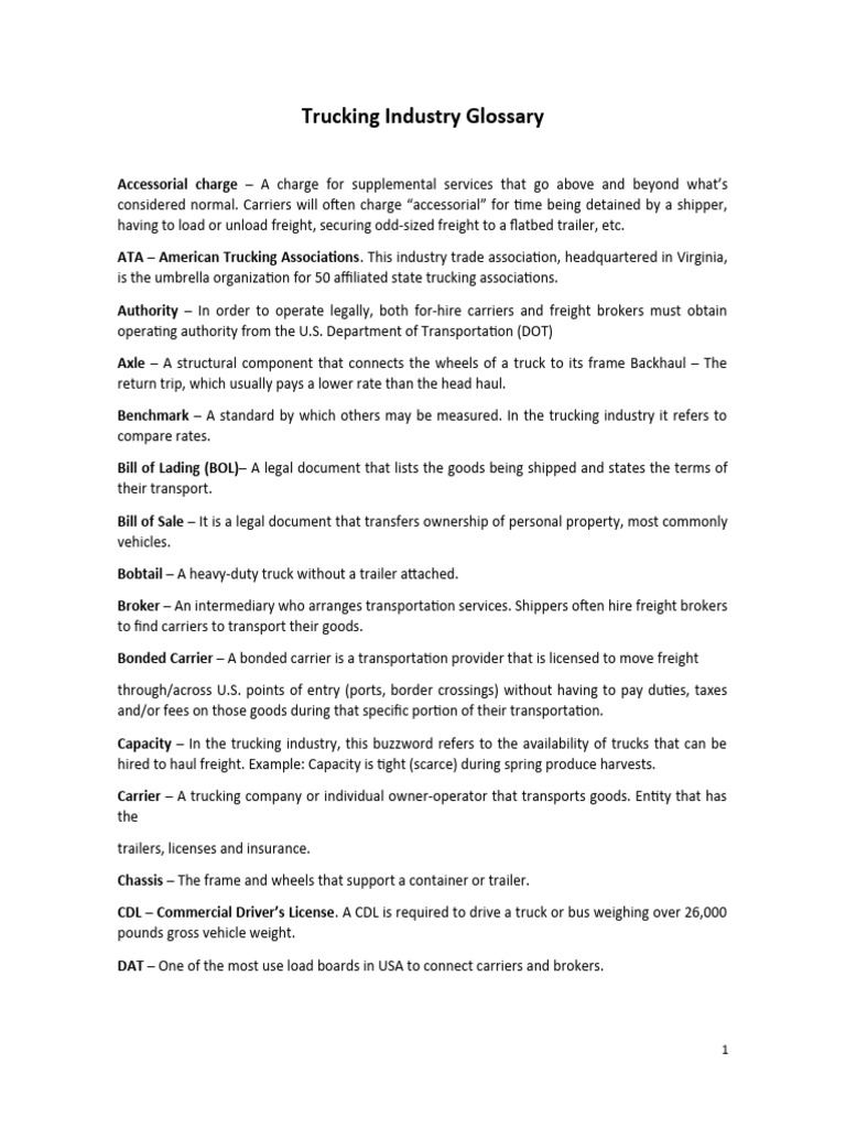 Trucking Industry Terminology Glossary | PDF | Cargo | Truck Driver