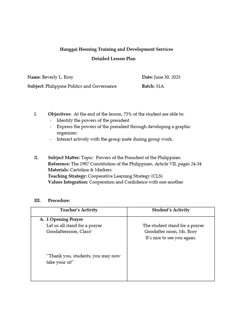 Lesson Plan: Presidential Powers in PH | PDF | Presidents Of The United ...
