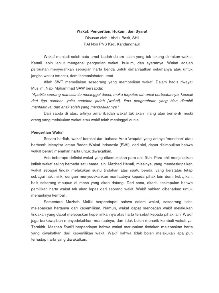1 - Pengertian Dan Hukum Wakaf | PDF