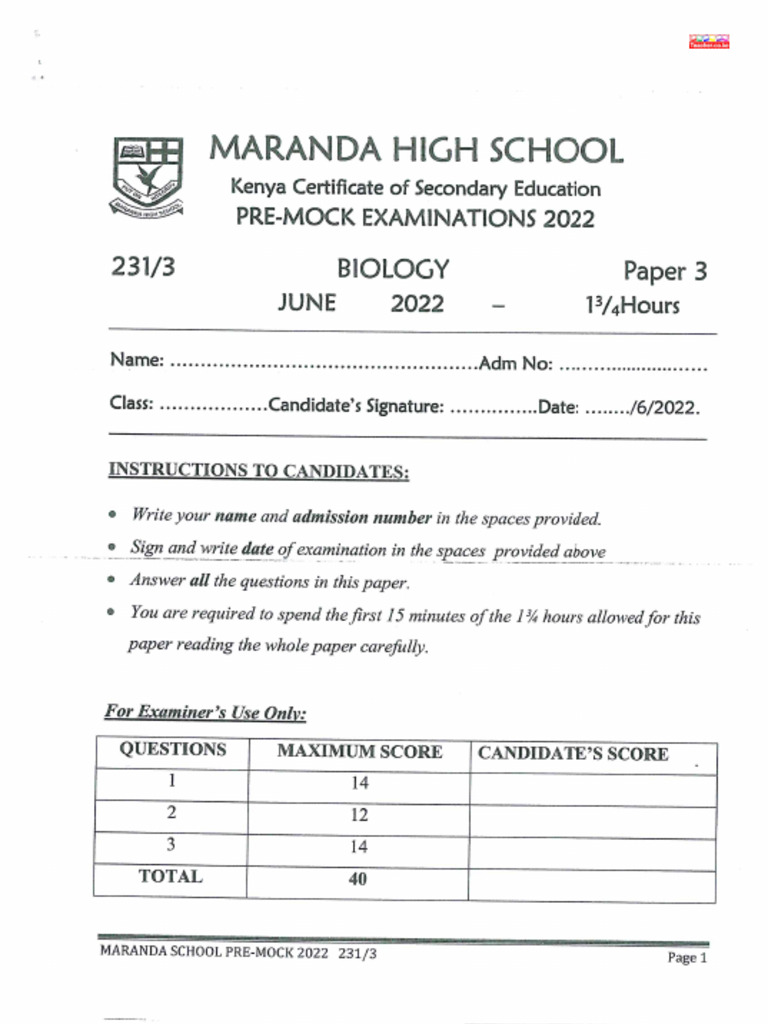 Maranda Biology Paper 3 Maranda Form 4 End Term 1 1 Teacher Co Ke | PDF
