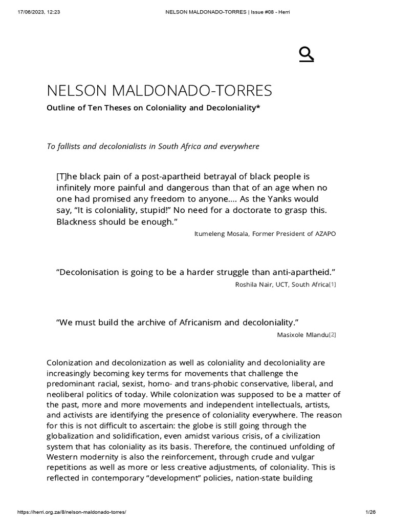 NELSON MALDONADO-TORRES - Outline of Ten Theses On Coloniality and ...