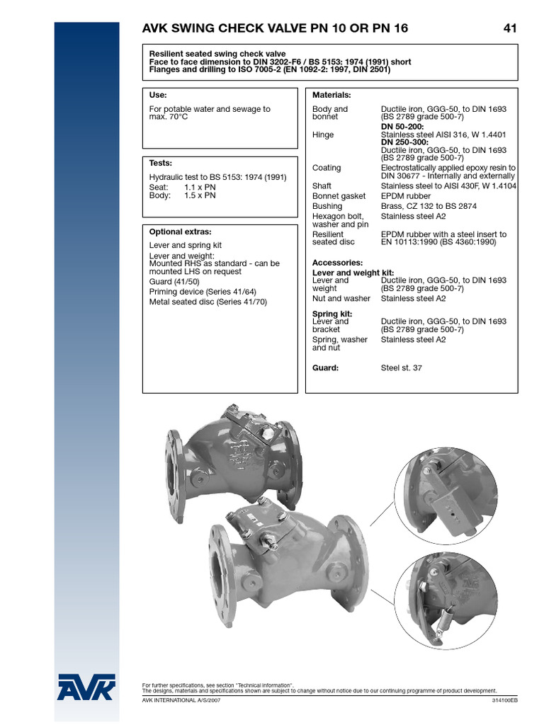 Avk Swing Check Valve PN 10 or PN 16 41 | PDF | Valve | Washer (Hardware)