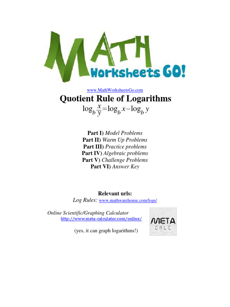 Quotient Rule Worksheet | PDF | Logarithm | Mathematical Analysis