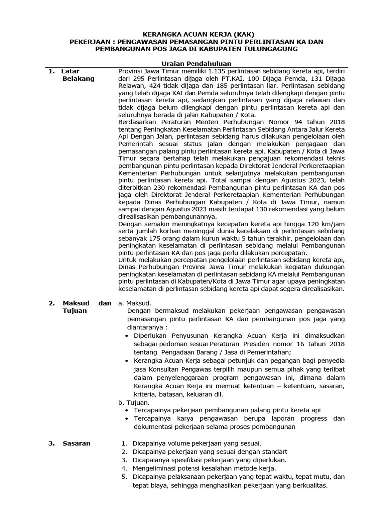 KAK Pengawasan Pemasangan Pintu Perlintasan KA Dan Pembangunan Pos Jaga | PDF