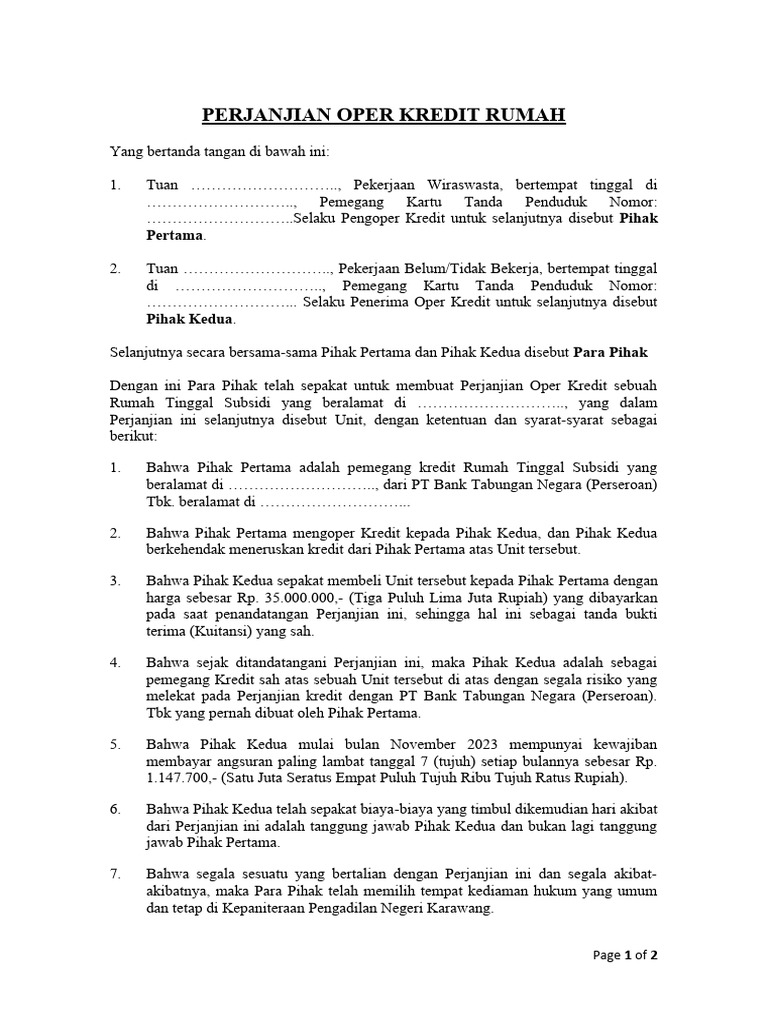Surat Perjanjian Oper Kredit | PDF