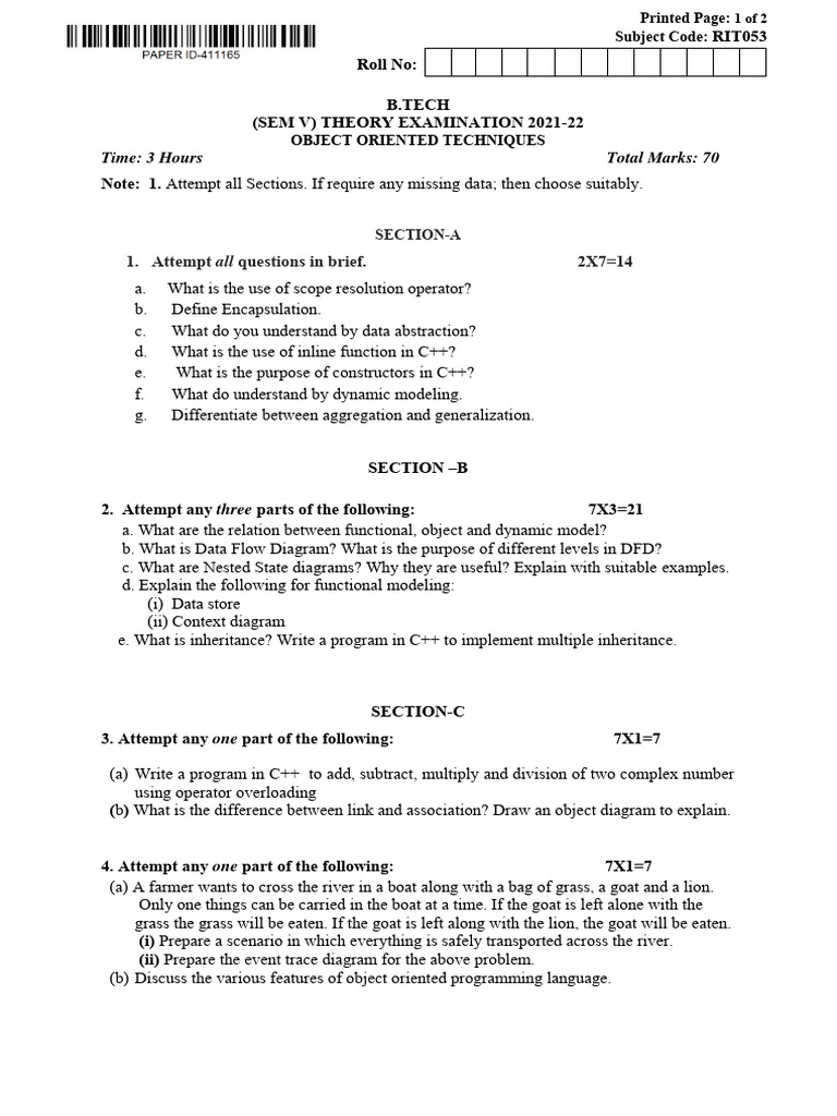 Btech It 5 Sem Object Oriented Techniques Rit053 2022 | PDF | C++ | Object (Computer Science)