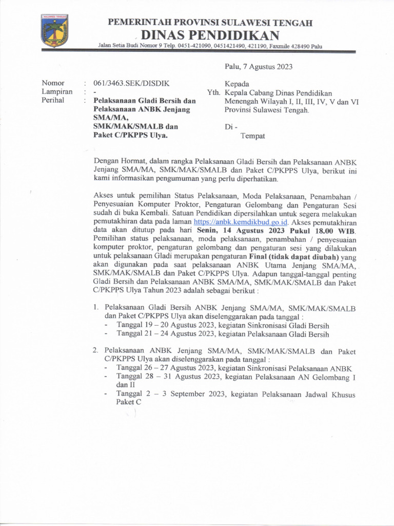 Pelaksanaan Gladi Bersih & Pelaksanaan ANBK Tahun 2023 Hal. 1 | PDF