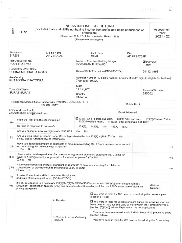 Itr-2 Form Format | PDF