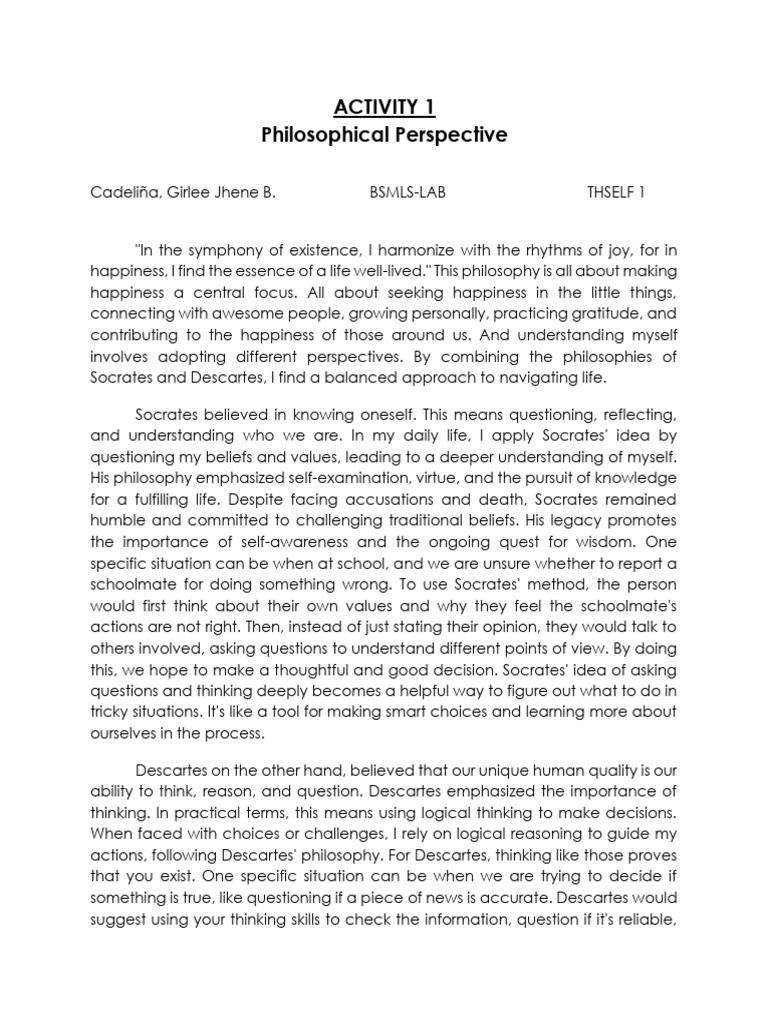 ACTIVITY 1 Philosophical Perspective | PDF | Socrates | Thought