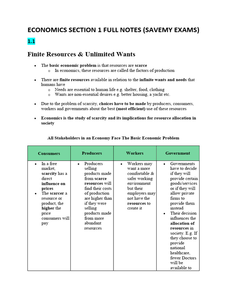 Economics Notes: Scarcity & Production Factors | PDF | Labour Economics ...