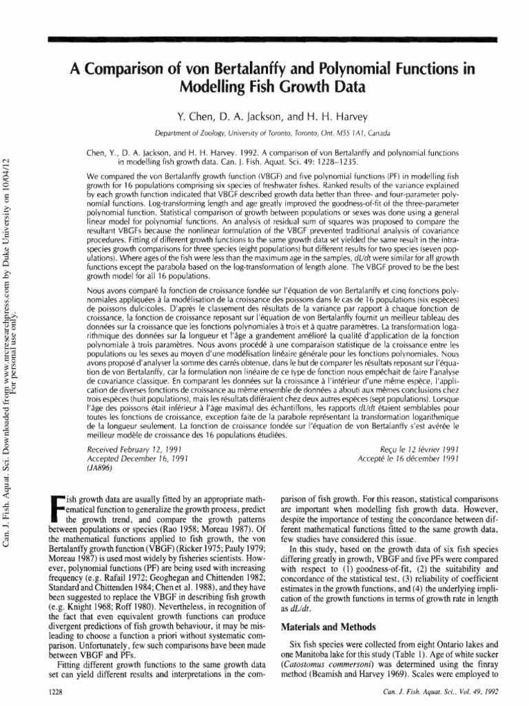 A Comparison of Von Bertalanffy and Polynomial Functions in Modelling Fish Growth Data ...