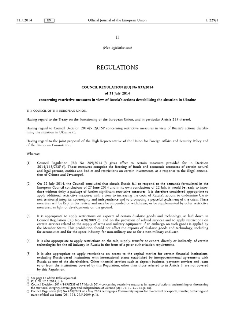 EU No 833.2014 Russia Actions in Ukraine | PDF | Securities (Finance ...