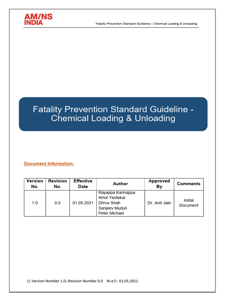 Chemical Loading & Unloading - Fatality Prevention Standard Guideline ...