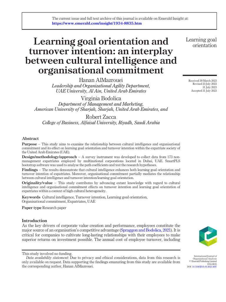 Learning Goal Orientation and Turnover Intention, An Interplay Between Cultural Intelligence and ...