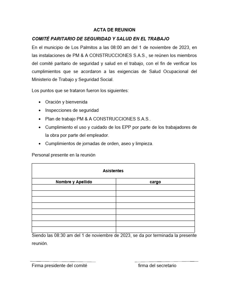 Acta de Reunion Comite y Copasst | Descargar gratis PDF | Gobierno
