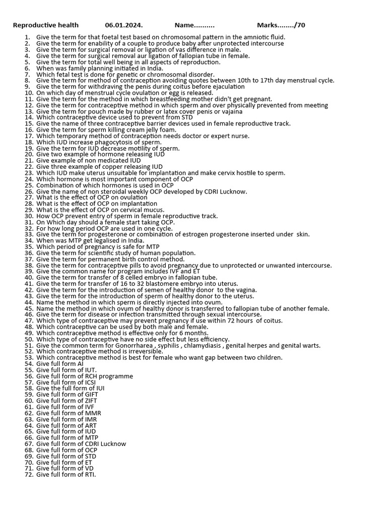 Reproductive Health Test | PDF | Birth Control | Sexual Intercourse