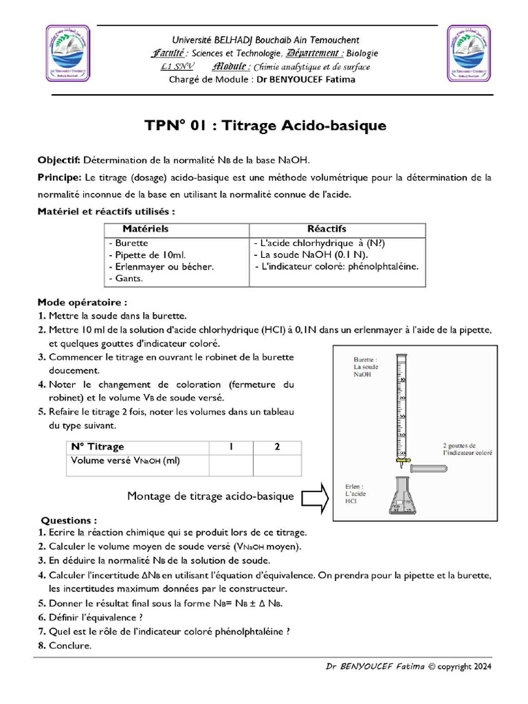 TP NÂ°01 Titrage Acido Basique (2024) - Page | PDF