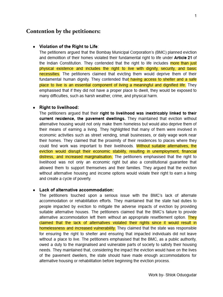 Petitioner's Argument (Olga Tellis v. BMC) | PDF | Politics | Social ...