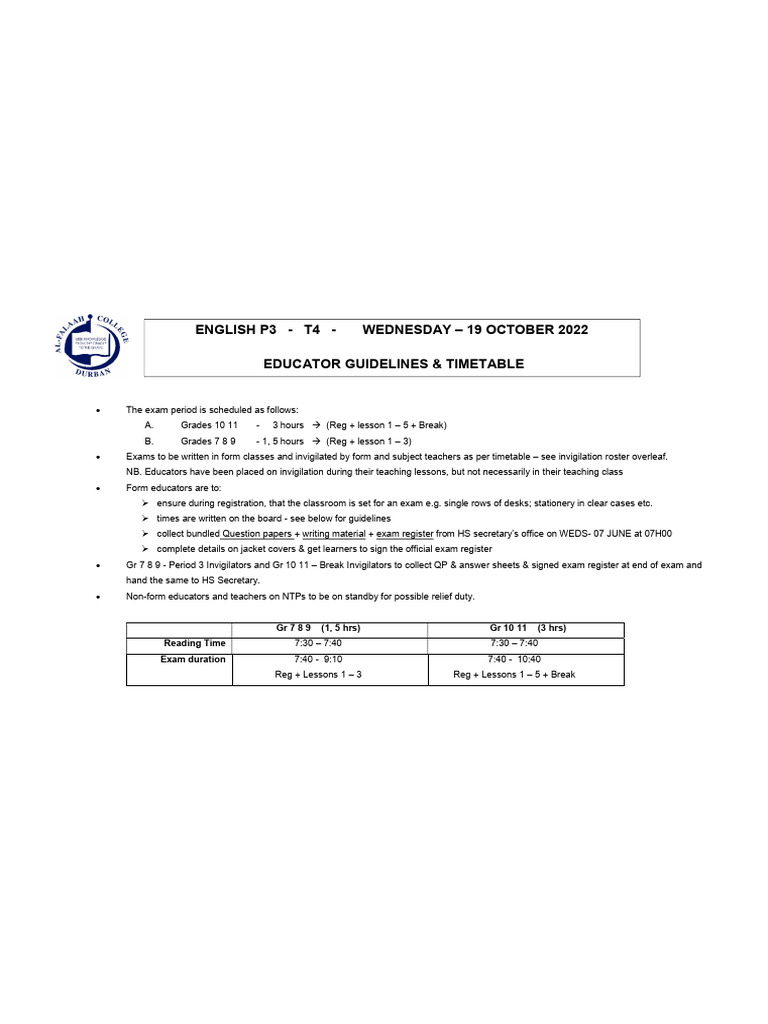 Eng p3 t4 - 19 Oct - Roster | Download Free PDF | Teachers | Teaching