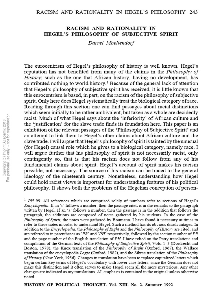 Racism and Rationality in Hegel S Philosophy of Subjective Spirit | PDF