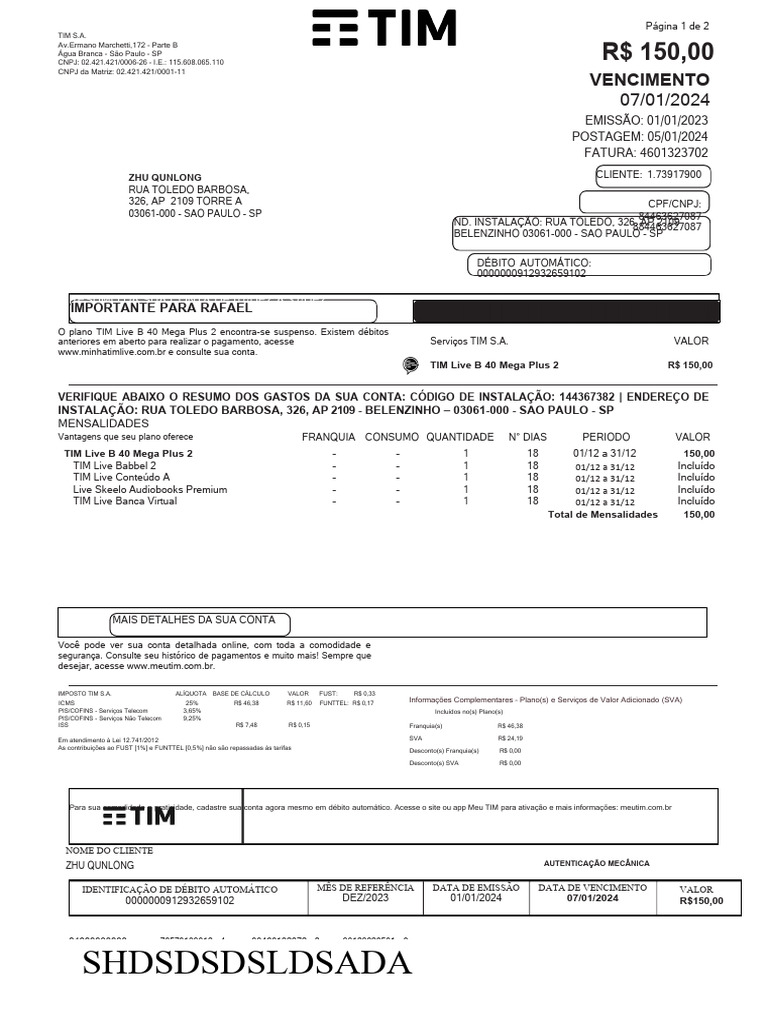 Fatura Tim Dezembro Zhu Qunlong | PDF | Pagamentos