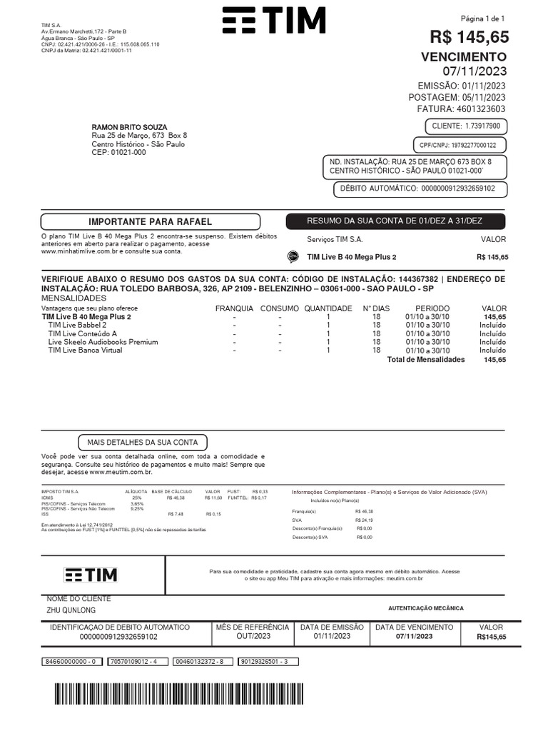 Fatura Tim Outubro Ramon Brito Souza | PDF | Pagamentos