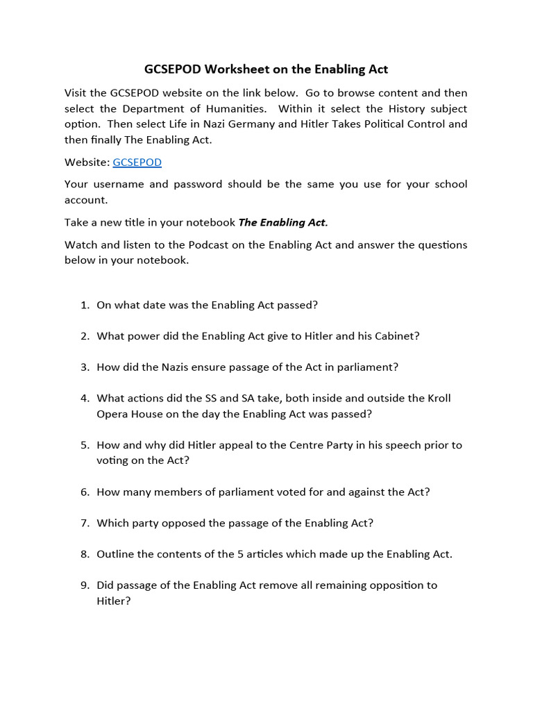 GCSEPOD Worksheet On The Enabling Act | PDF