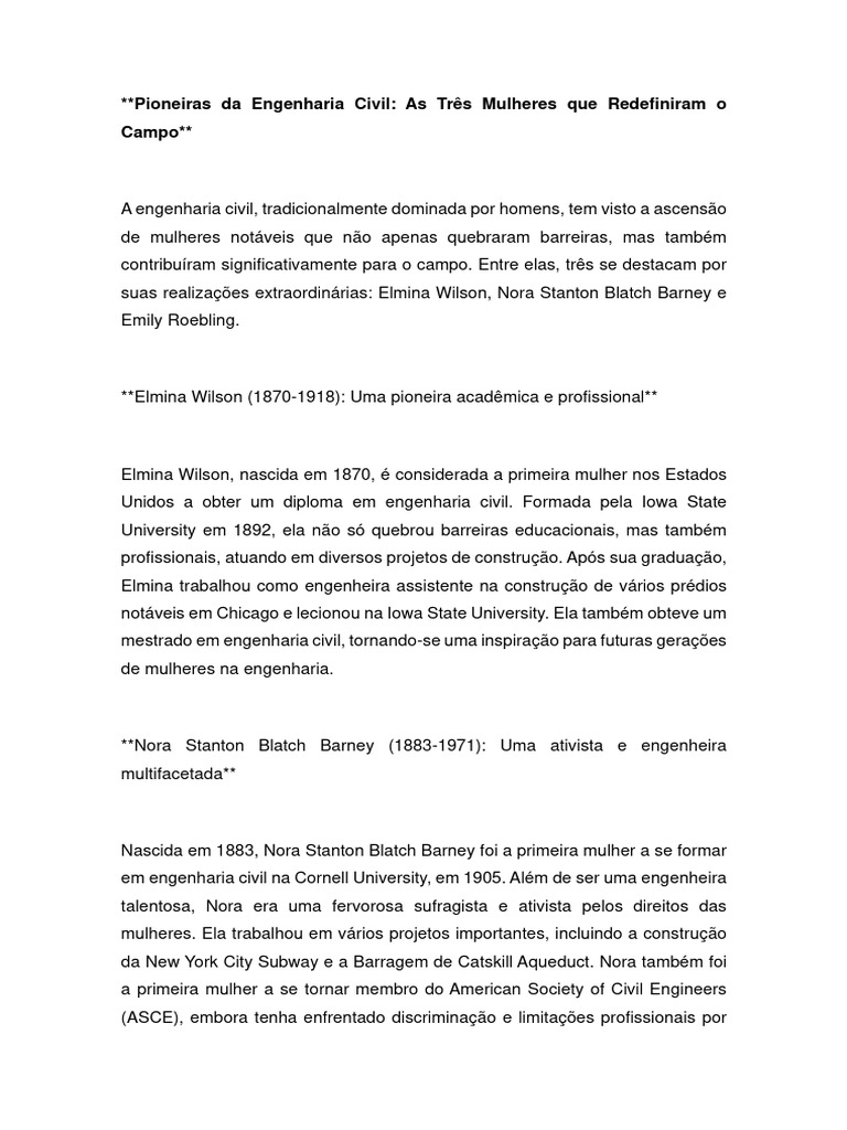 Elmina Wilson: Pioneira da Engenharia Civil | PDF | Engenharia ...