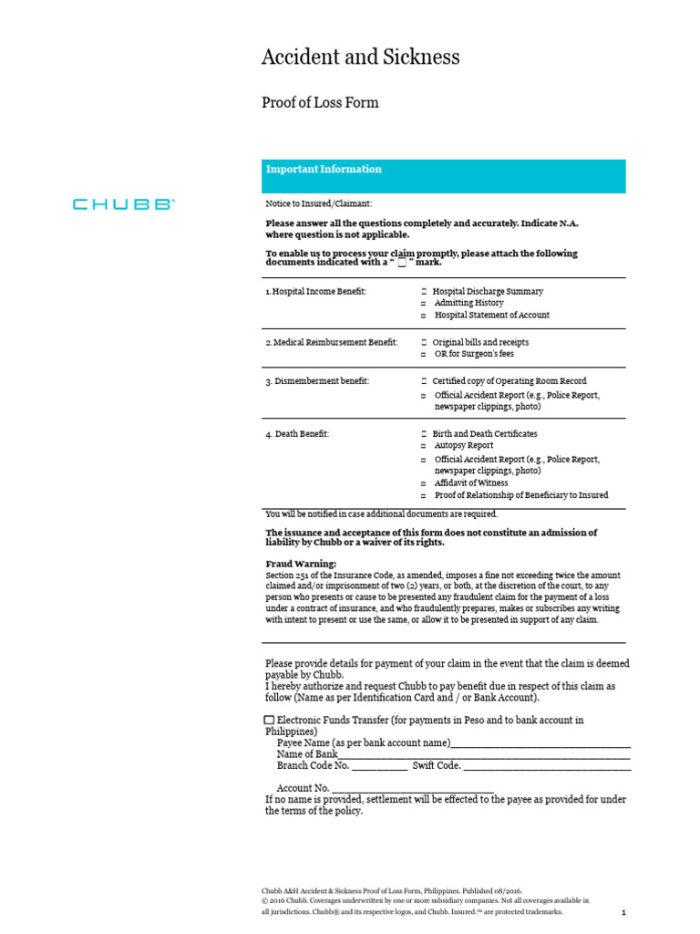 CHUBB - AH Accident Sickness - Proof of Loss Form - 082018 | PDF