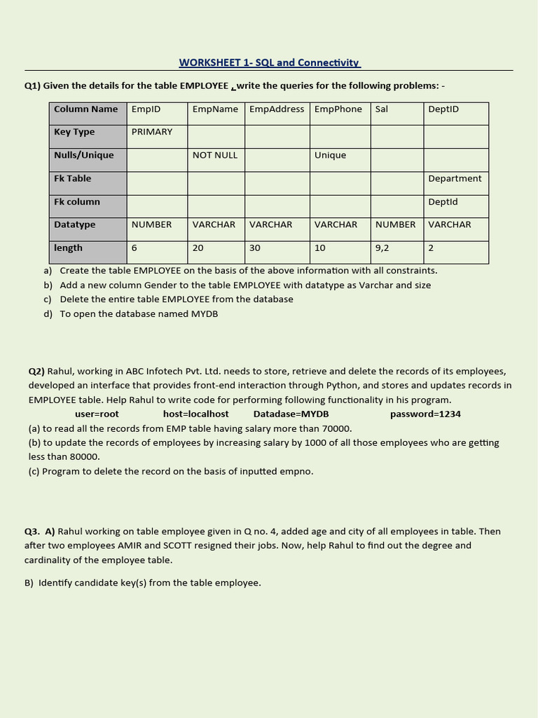 Worksheet SQL and Connectivity | PDF | Table (Database) | Sql